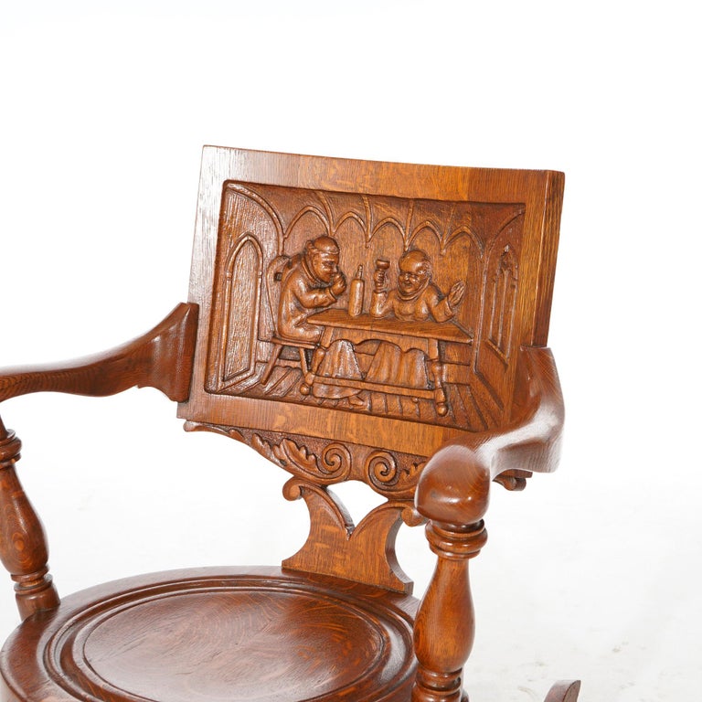 Antique English Figural Carved Oak Rocker with Pub Genre Scene, Circa ...
