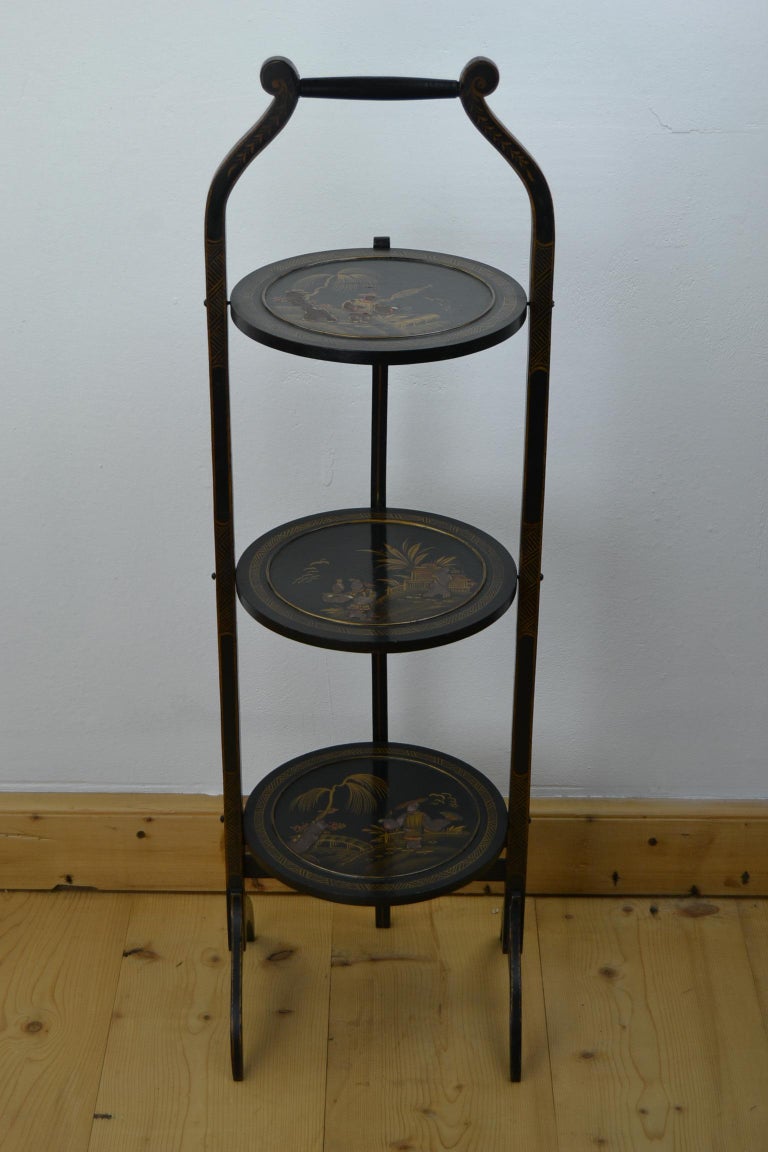Antique English Folding Cake Serving Stand, Oriental Black Lacquerwork ...