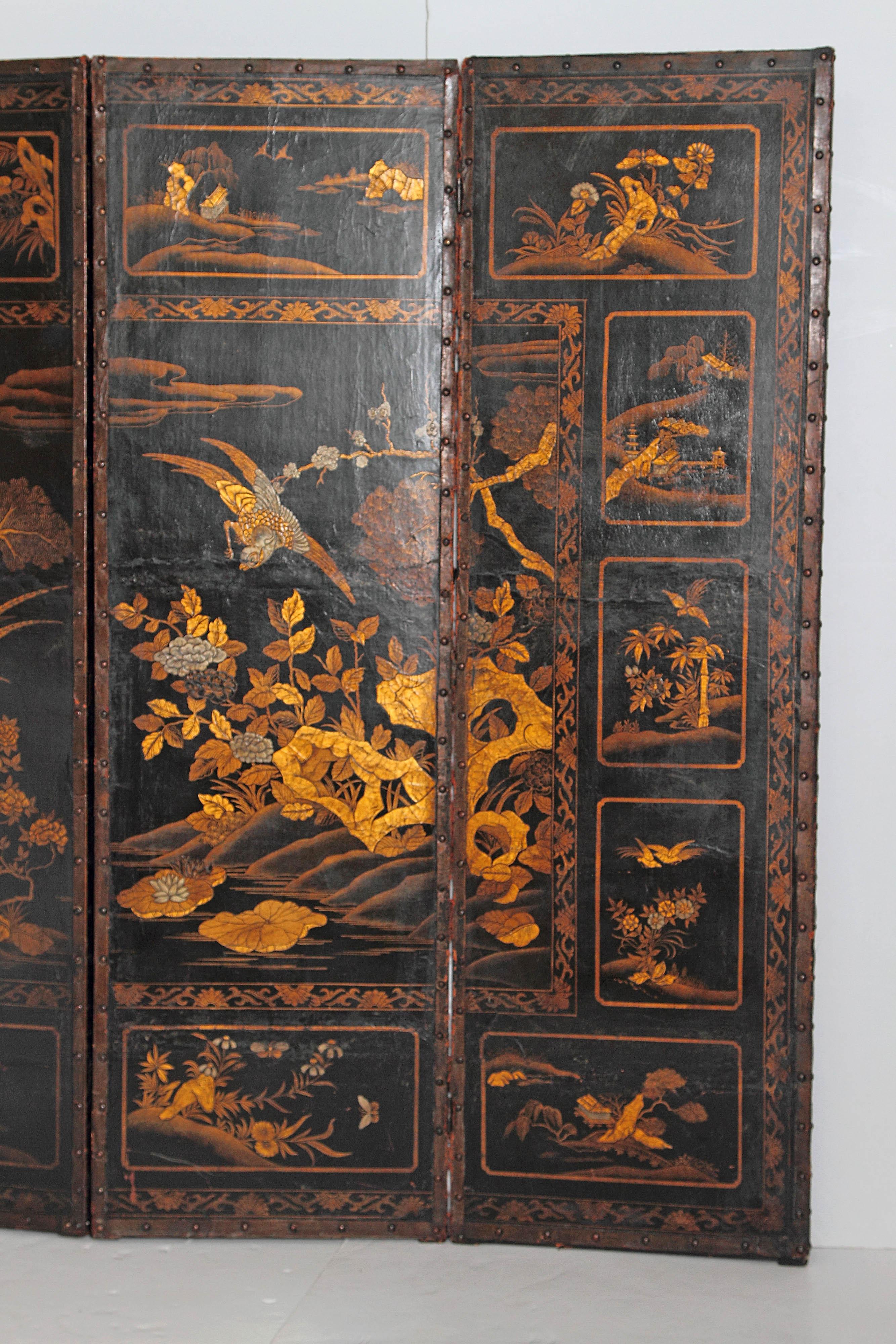 Antique English Four-Panel Leather Folding Screen at 1stDibs