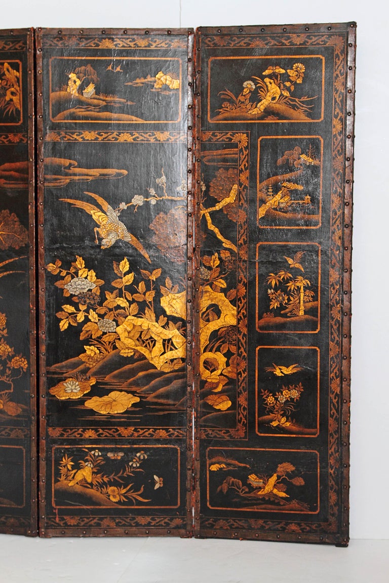Antique English Four-Panel Leather Folding Screen at 1stDibs