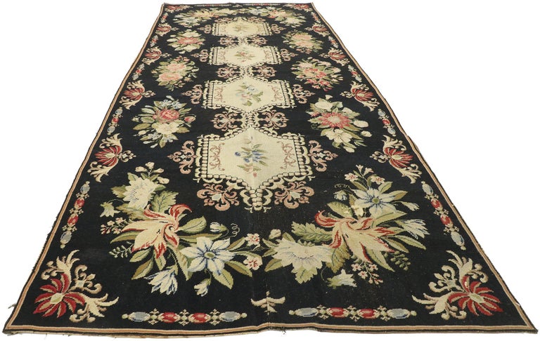 Antique English Garden Needlepoint Runner with Baroque Floral Chintz ...