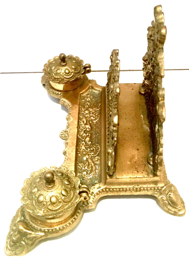 Antique English Gilt Gold Brass Letter Holder and Double Inkwell Desk ...