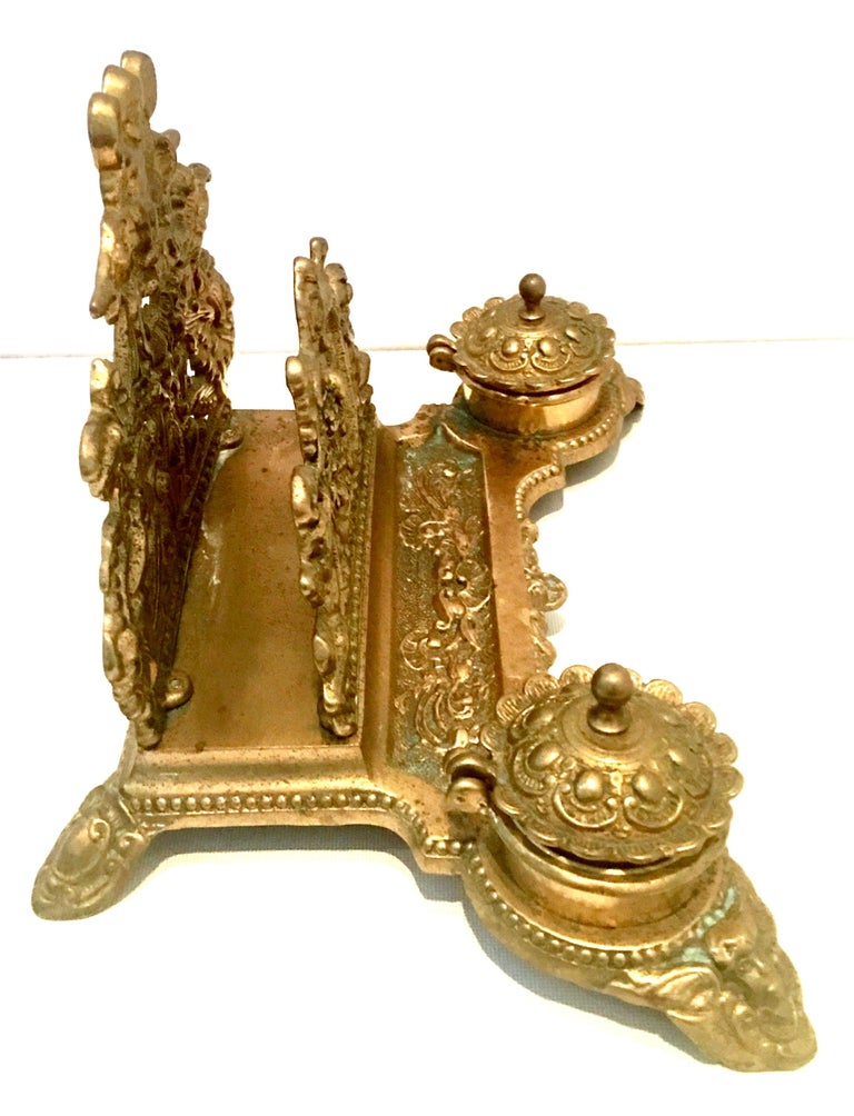 Antique English Gilt Gold Brass Letter Holder and Double Inkwell Desk ...