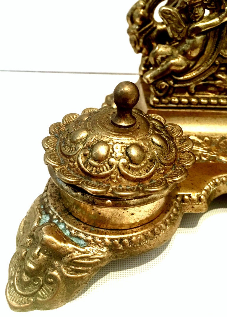 Antique English Gilt Gold Brass Letter Holder and Double Inkwell Desk ...