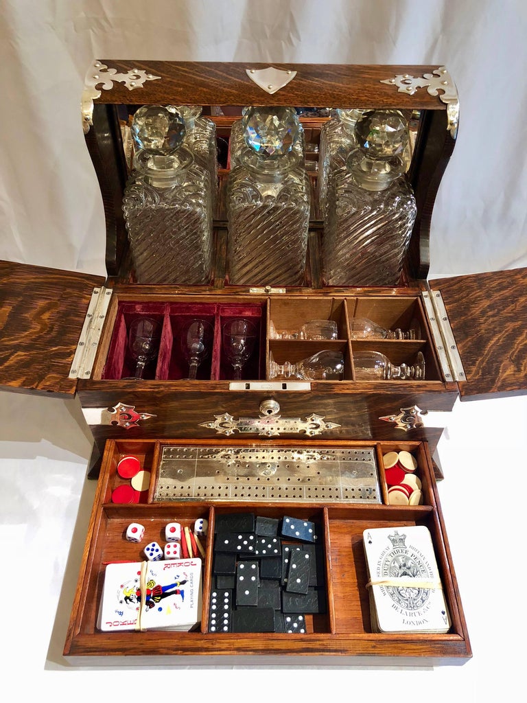 Antique English Golden Oak Games Box Tantalus, circa 1880 at 1stDibs