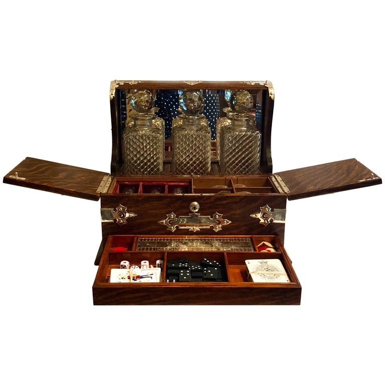 Antique English Golden Oak Games Box Tantalus, circa 1880 at 1stDibs