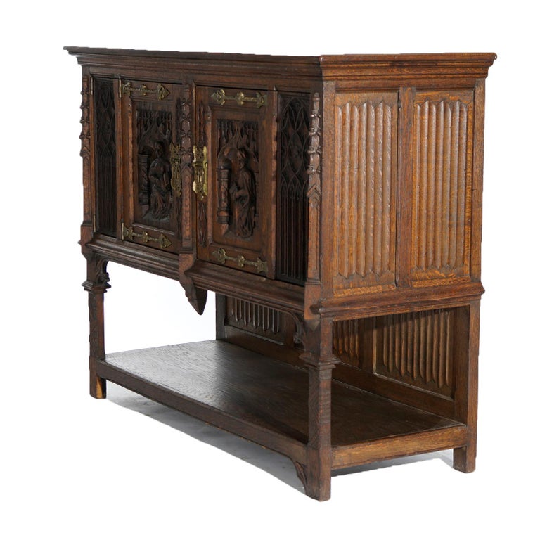 Antique English Gothic Figural Caved Oak Server, C1910 at 1stDibs