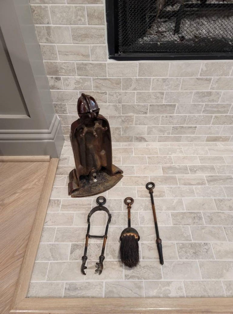 Antique English Iridescent Cast Iron Knight Fireplace Tool Set For Sale ...