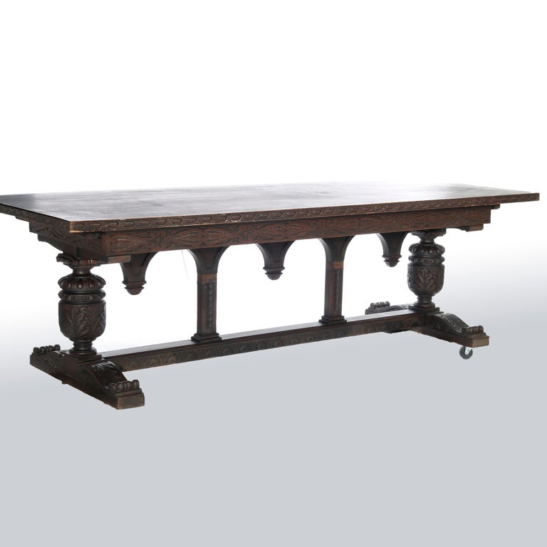 Antique English Jacobean Carved Walnut Trestle Dining or Conference ...