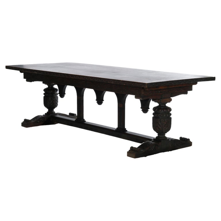 Antique English Jacobean Carved Walnut Trestle Dining or Conference ...