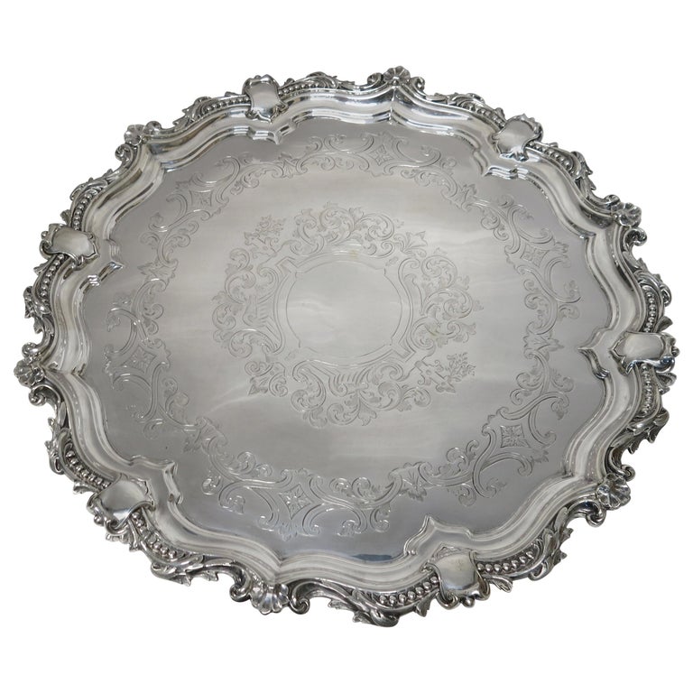 Antique English, Large Round Sterling Silver Tray For Sale at 1stDibs ...