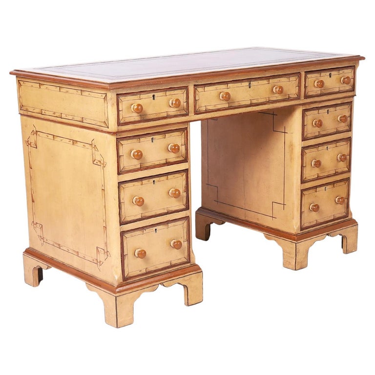 Antique English Leather Top Desk with Painted Bamboo For Sale at 1stDibs