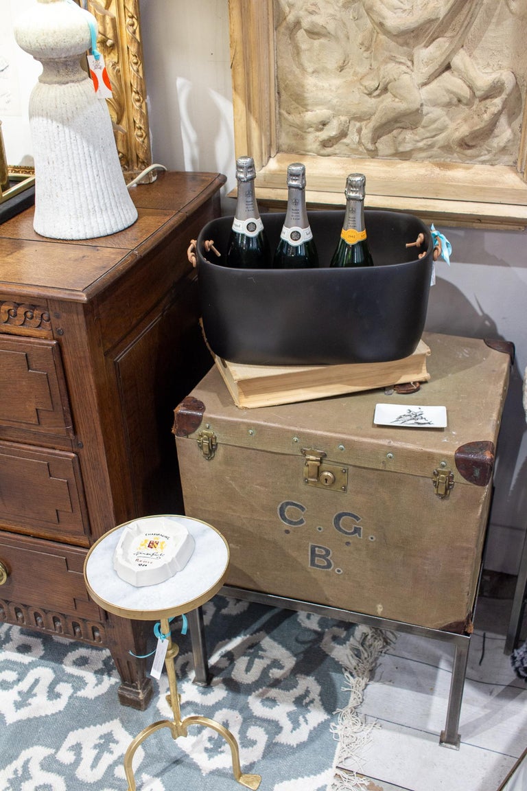 Antique English Luggage Trunk Side Table with Iron Base For Sale at 1stDibs