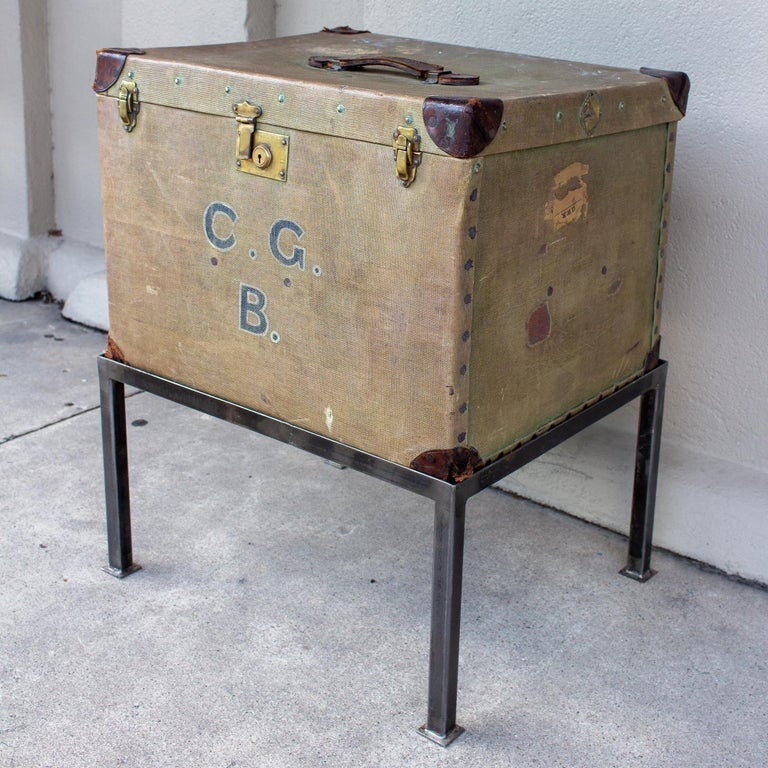 Antique English Luggage Trunk Side Table with Iron Base For Sale at 1stDibs