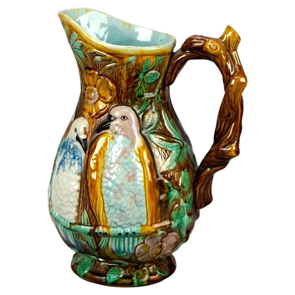 Antique English Majolica Pottery Pitcher with Birds and Twig Handle ...