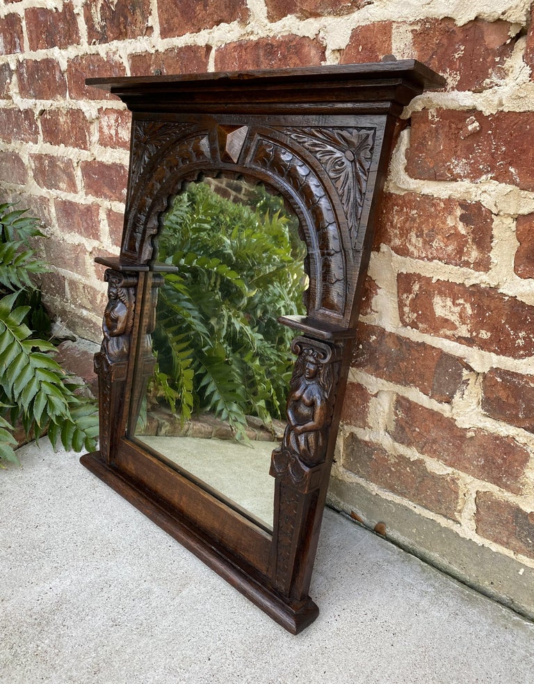 Antique English Mirror Renaissance Revival Oak Frame Figural Carvings ...
