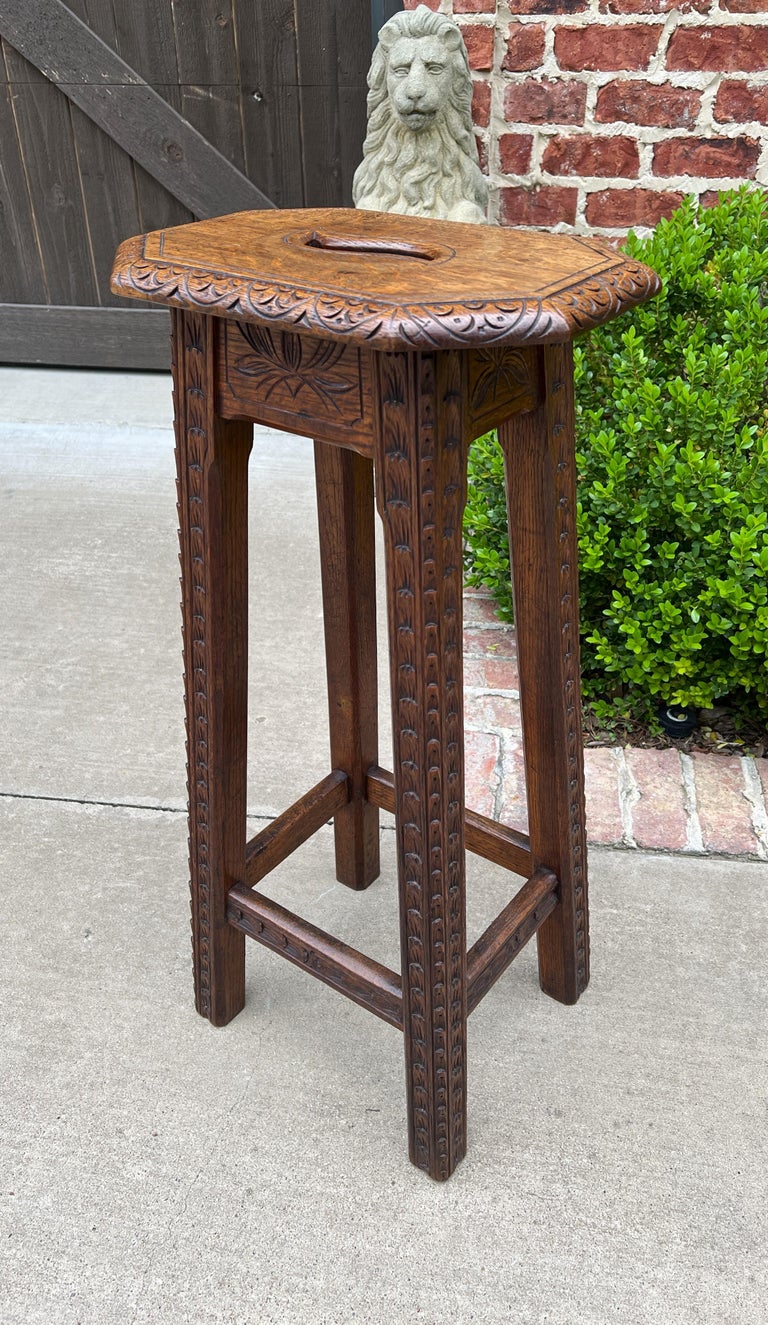 Antique English Pedestal Plant Stand Display Table Barstool Carved Oak ...