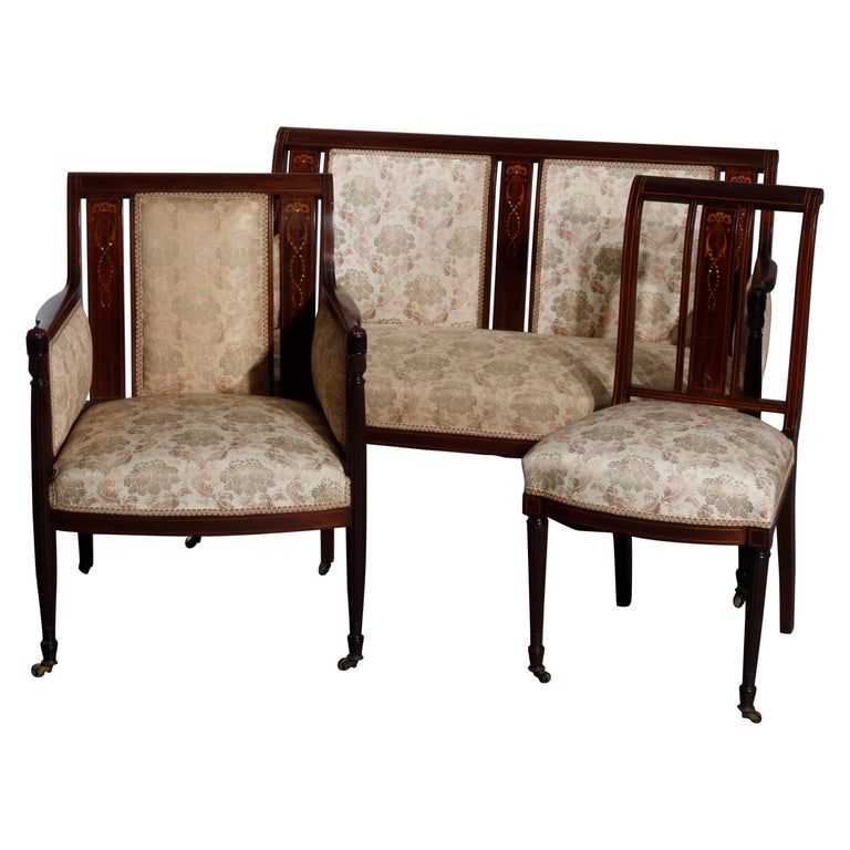 Antique English Piece Mahogany Marquetry Satinwood Inlaid Parlor Set ...