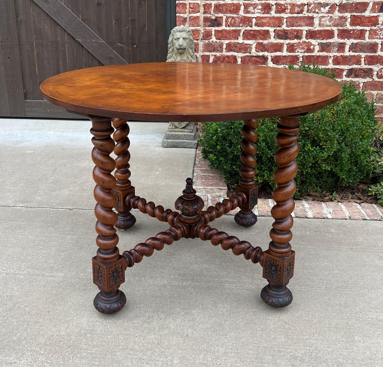 Antique English ROUND Table Barley Twist Table Renaissance Revival Burl ...