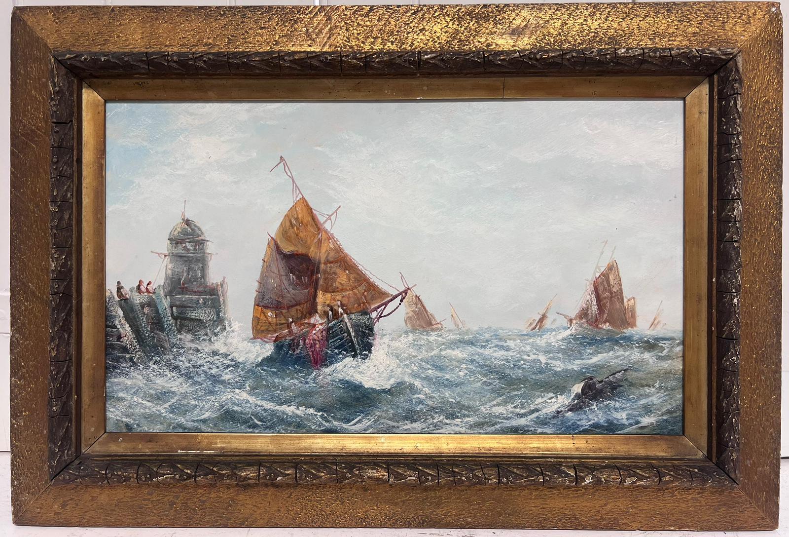 Antique English School - Late Victorian English Marine Oil Painting Fishing Boats in Choppy Seas ...