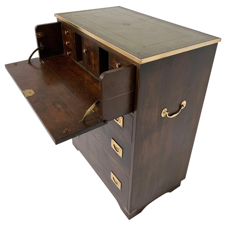Antique English Secrétaire Campaign Chest with Brass Banded Leather Top ...