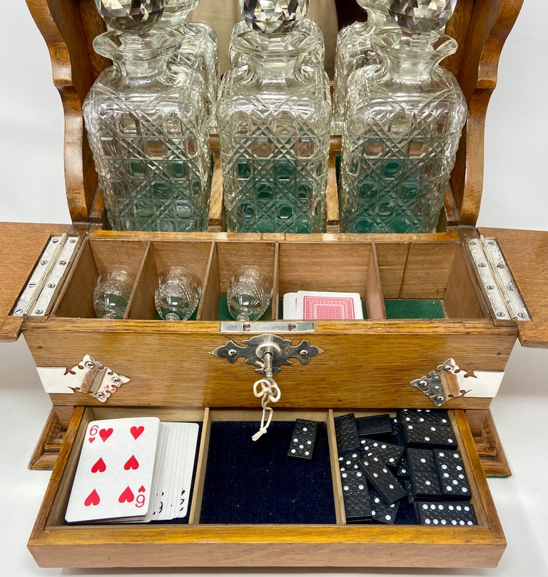 Antique English Sheffield Silver-Plate Mounted Oak Games Box Tantalus ...