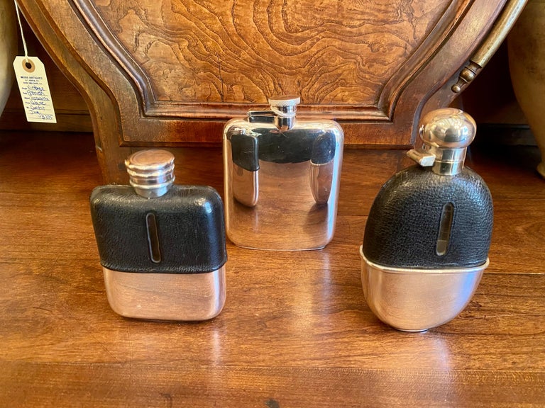 Antique English Sheffield Silver-Plated Hip Flask Mounted with Leather ...