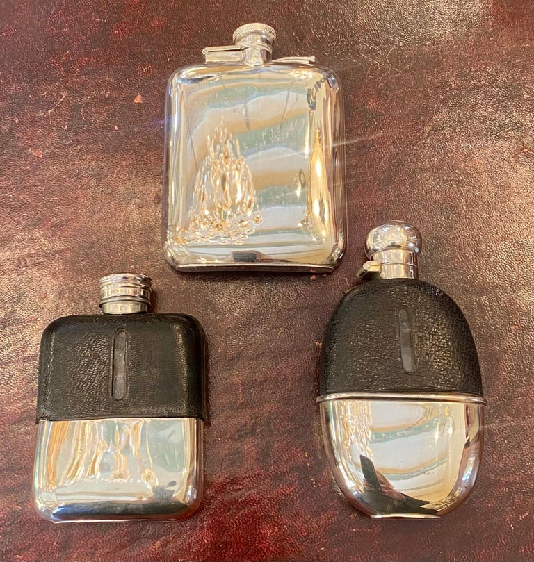 Antique English Sheffield Silver-Plated Hip Flask Mounted with Leather ...