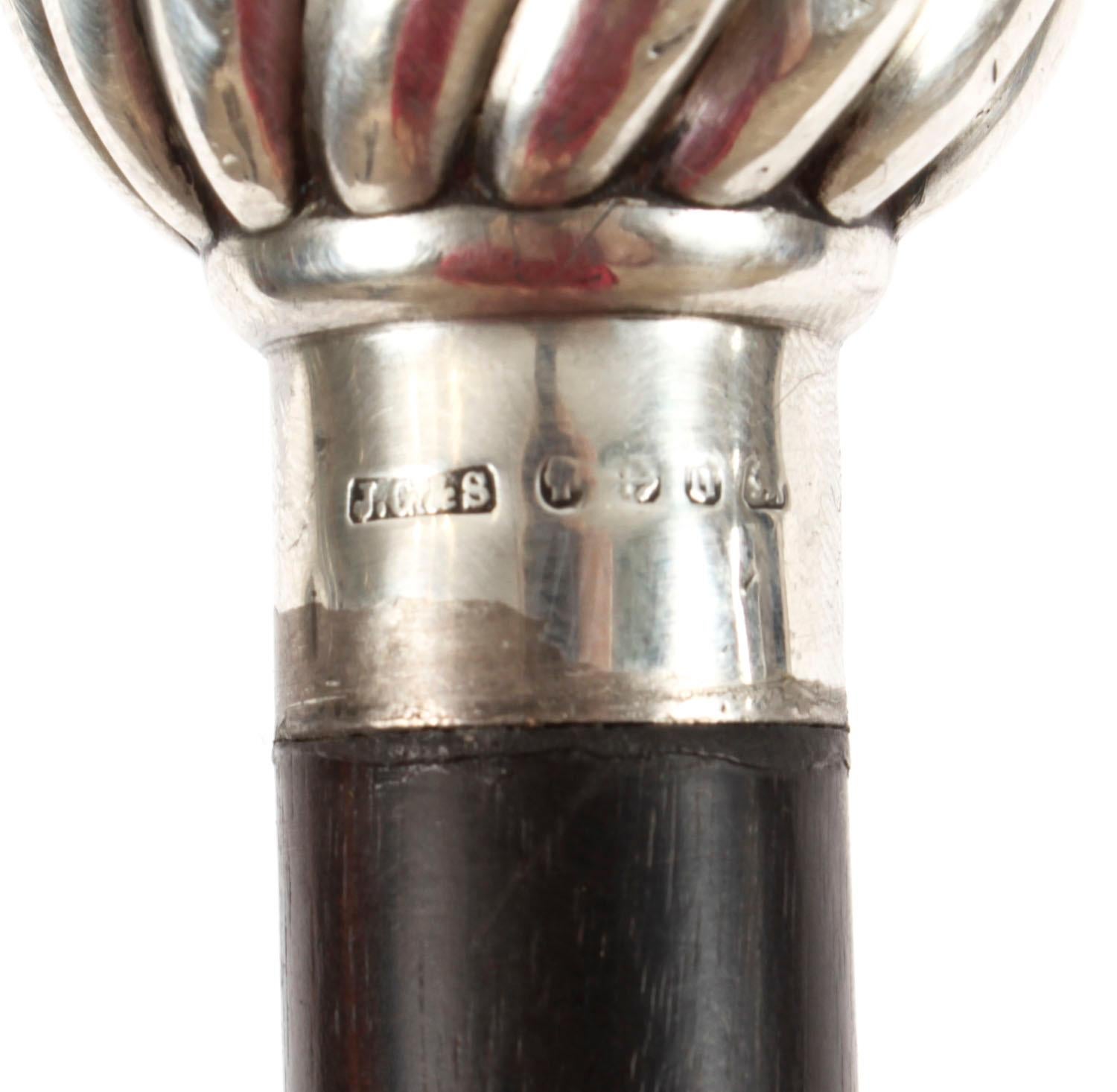 Antique English Silver Ebonized Walking Stick Cane by John Grinsell dated 1886s For Sale at 1stDibs