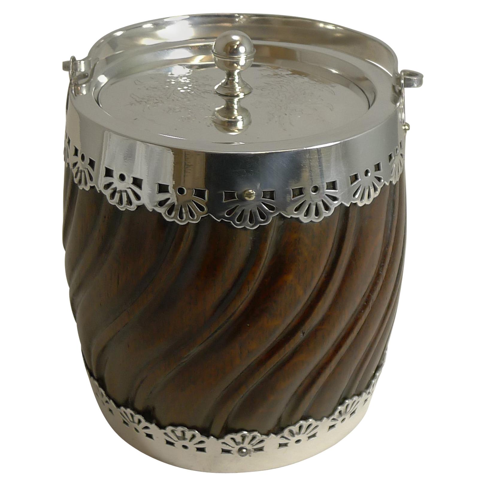 Antique English Silver Plate and Carved Oak Biscuit Box, circa 1900 at ...