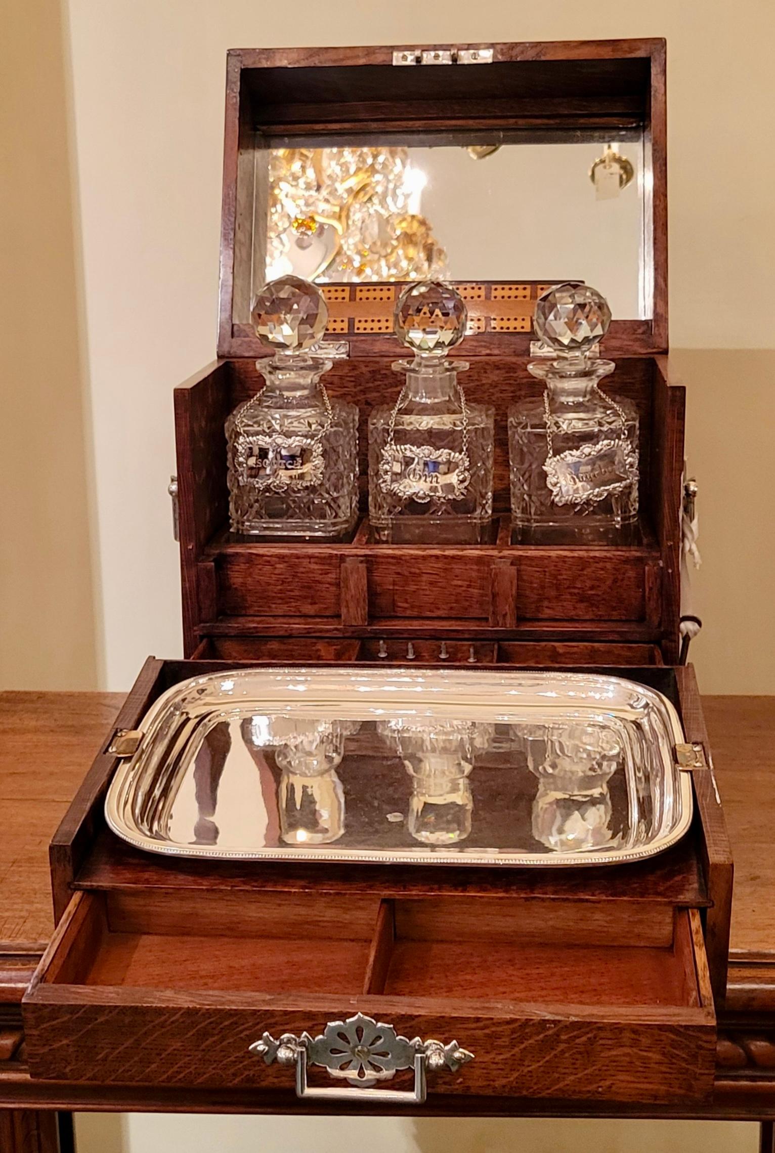 Antique English Silver Plate Mounted Oak Tantalus and Games Compendium ...