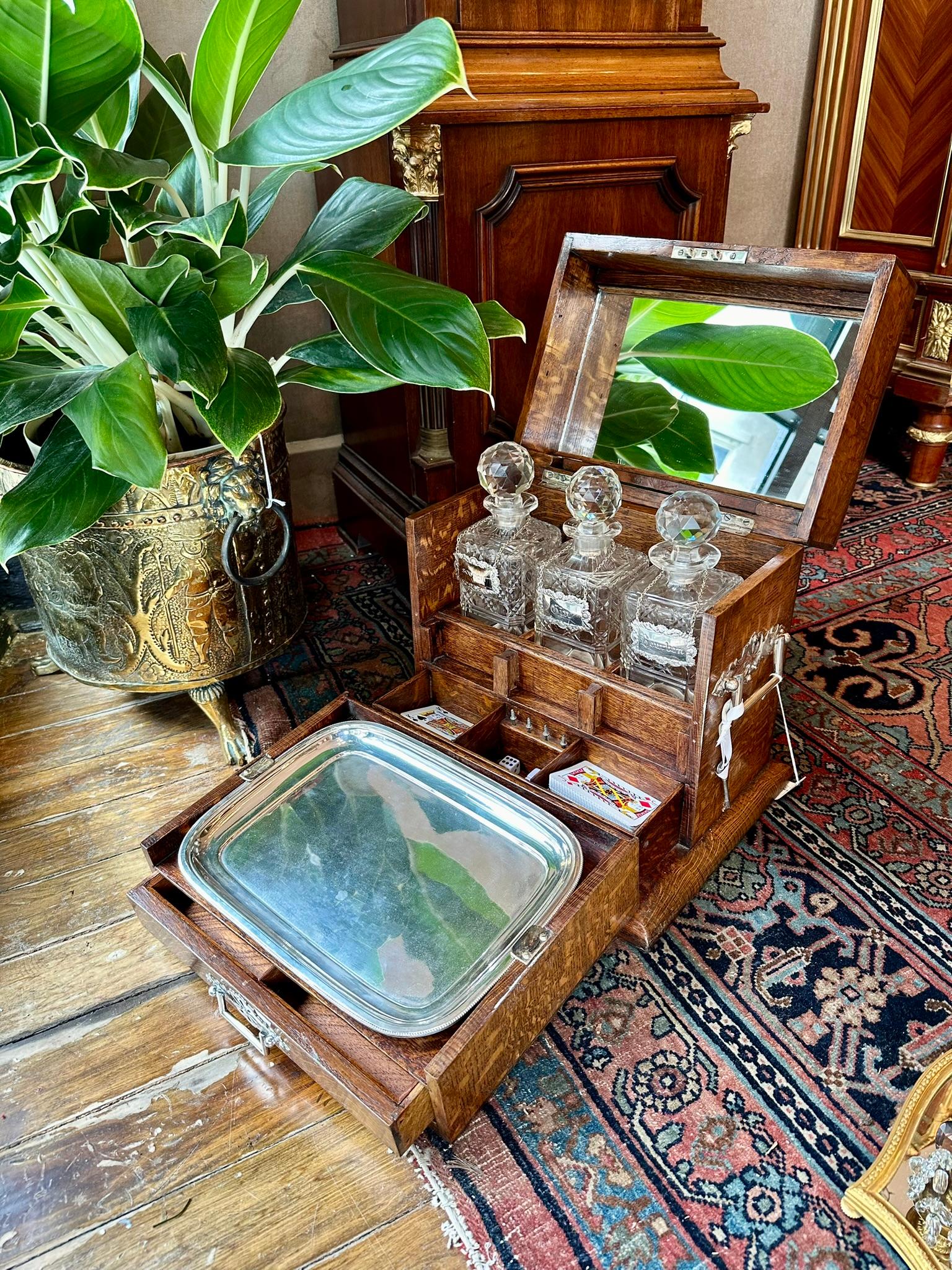 Antique English Silver Plate Mounted Oak Tantalus and Games Compendium ...