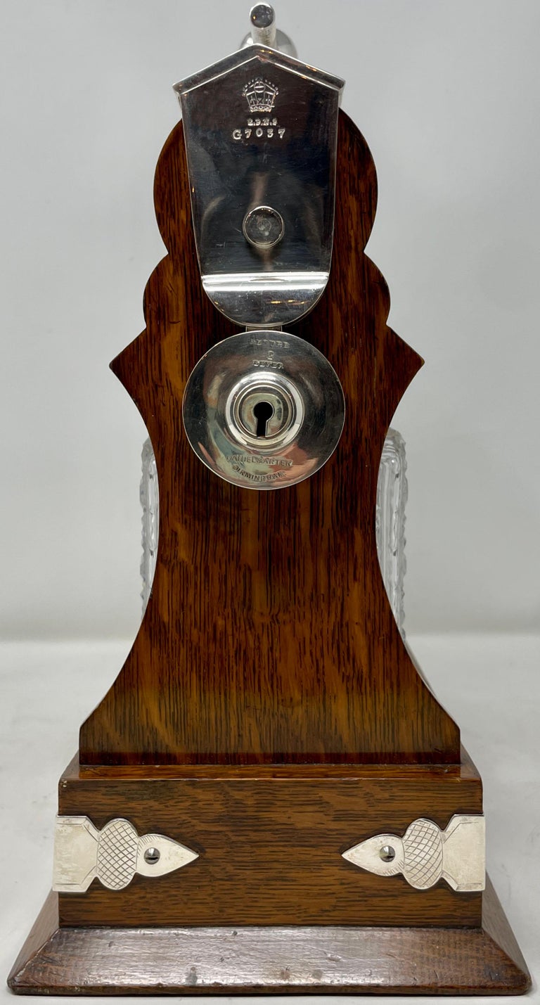 Antique English Silver Plate, Oak and Cut Crystal 2 Bottle Tantalus ...