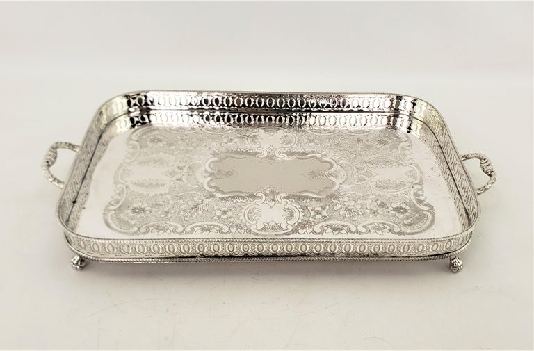 Antique English Silver Plated Footed Gallery Serving Tray with Floral Engraving at 1stDibs