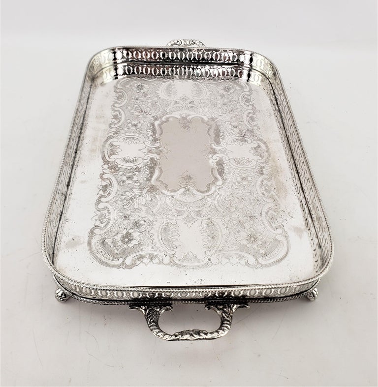 Antique English Silver Plated Footed Gallery Serving Tray with Floral ...