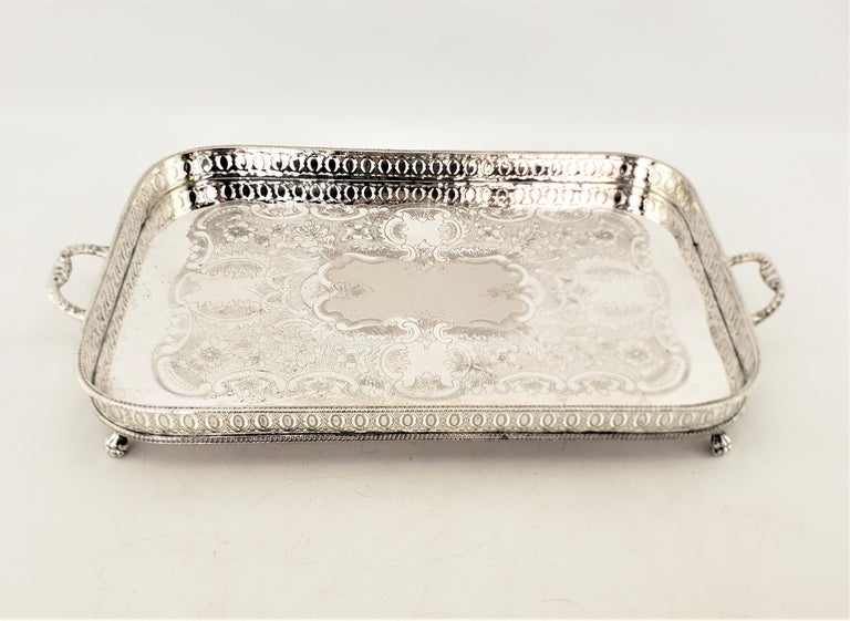 Antique English Silver Plated Footed Gallery Serving Tray with Floral ...