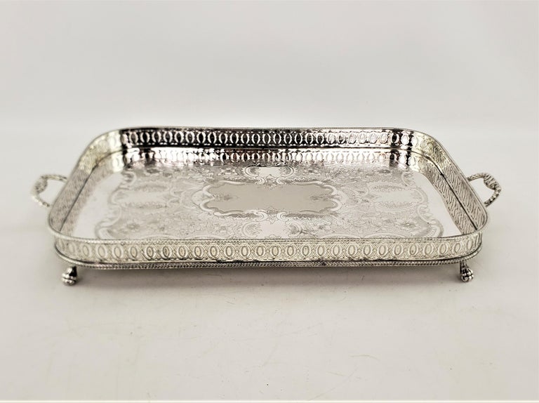 Antique English Silver Plated Footed Gallery Serving Tray with Floral ...