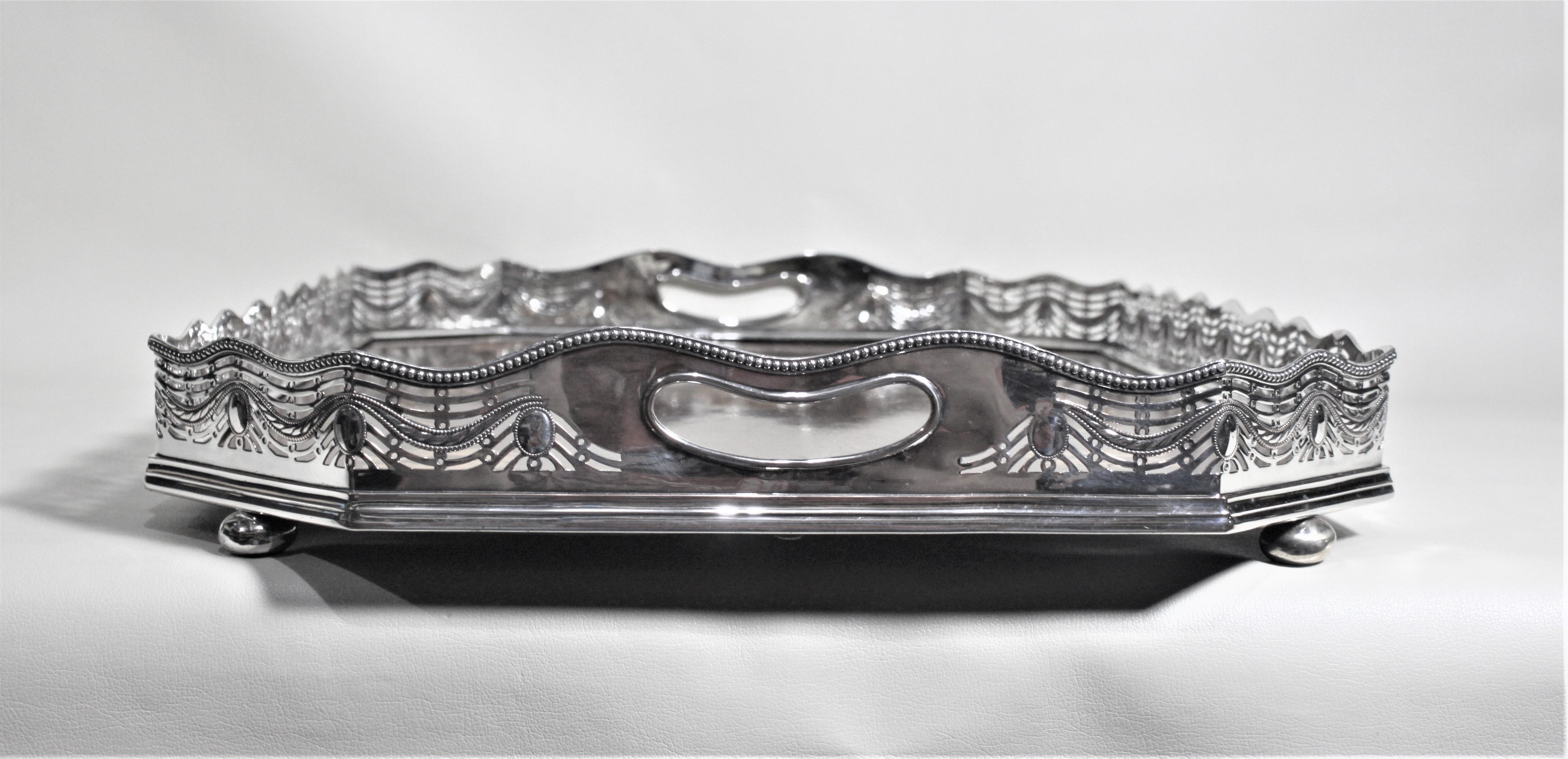 Antique English Silver Plated Gallery Serving Tray with Marquetry Inlay ...