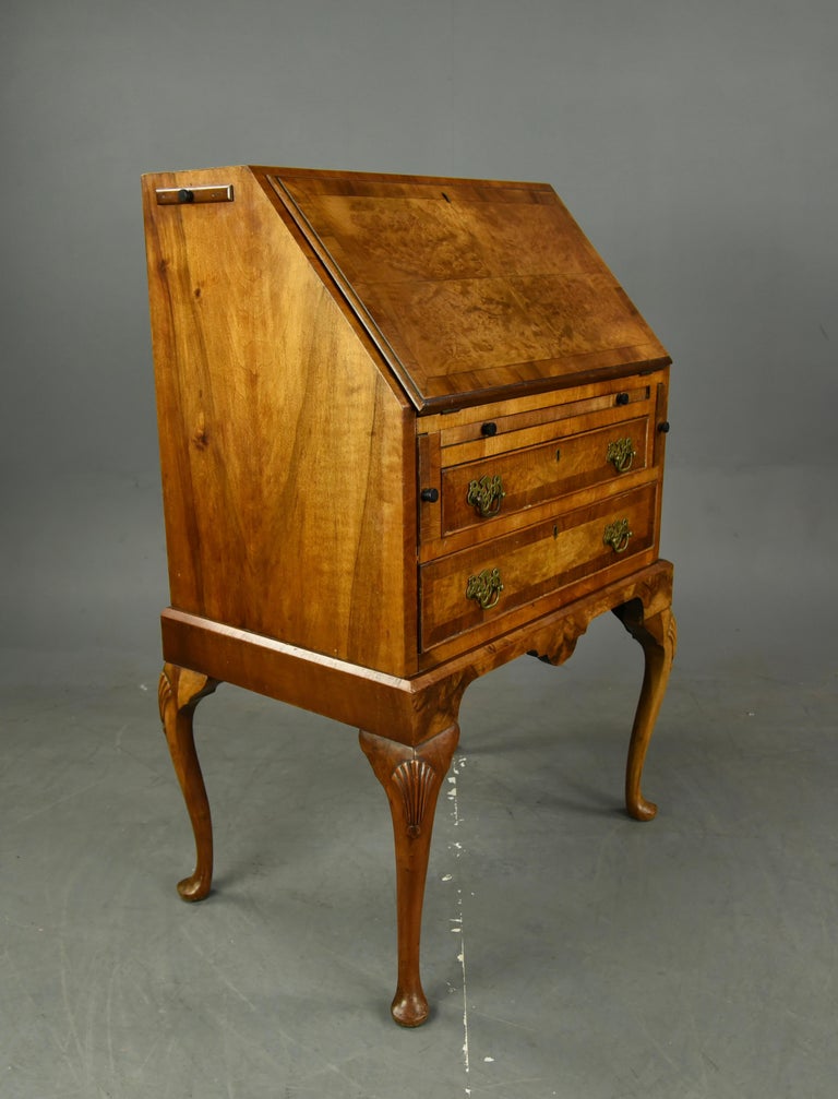 Antique English Small Queen Anne Style Burr Walnut Bureau For Sale at ...