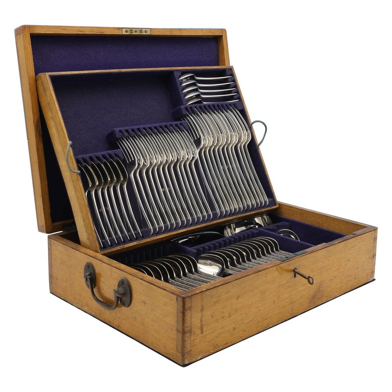 Antique English Sterling Silver Canteen of Cutlery / Flatware, Bead ...