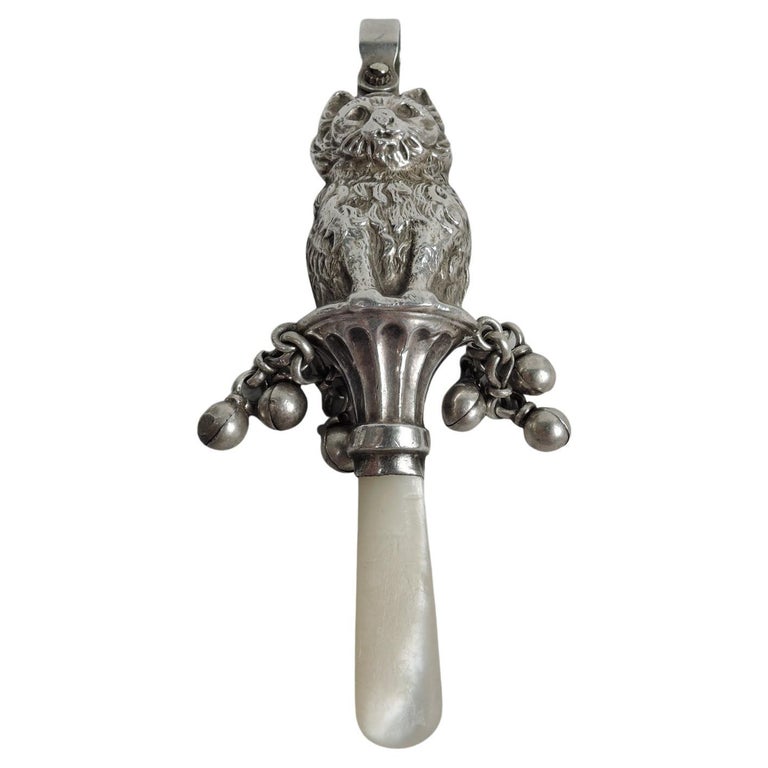 Antique English Sterling Silver Rattle with Sweet Kitty on Pedestal For ...