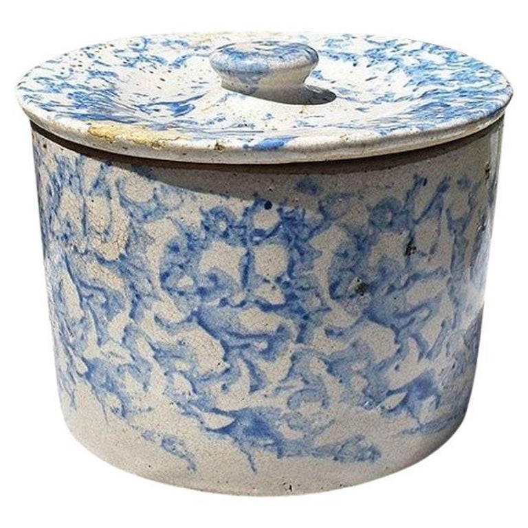 French Blue Stoneware Ceramic Crock in Blue and Cream with Lid Late ...