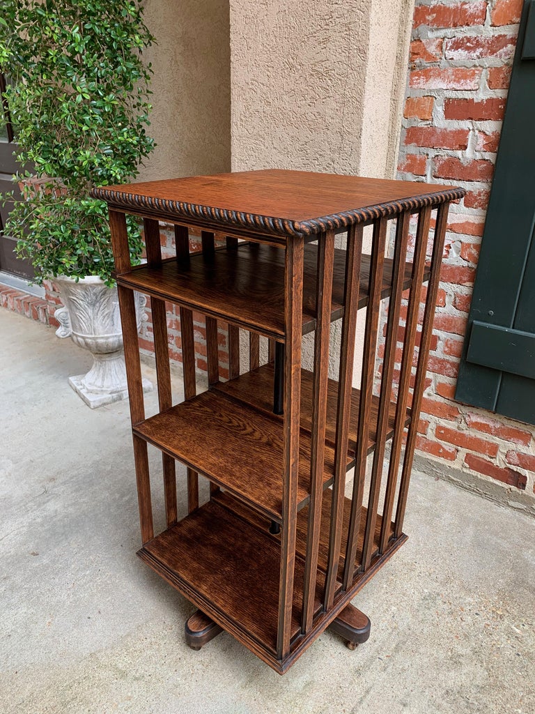 Antique English Tiger Oak Revolving Rolling Bookcase Bookshelf Arts and ...
