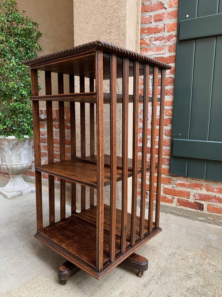 Antique English Tiger Oak Revolving Rolling Bookcase Bookshelf Arts and ...