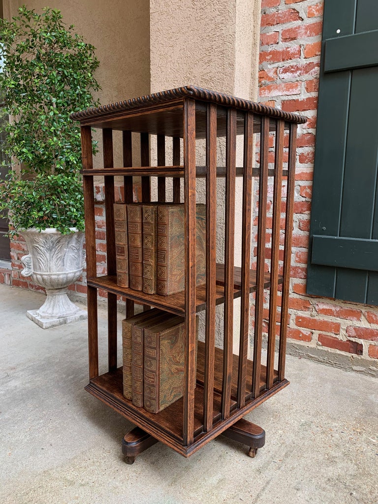 Antique English Tiger Oak Revolving Rolling Bookcase Bookshelf Arts and ...