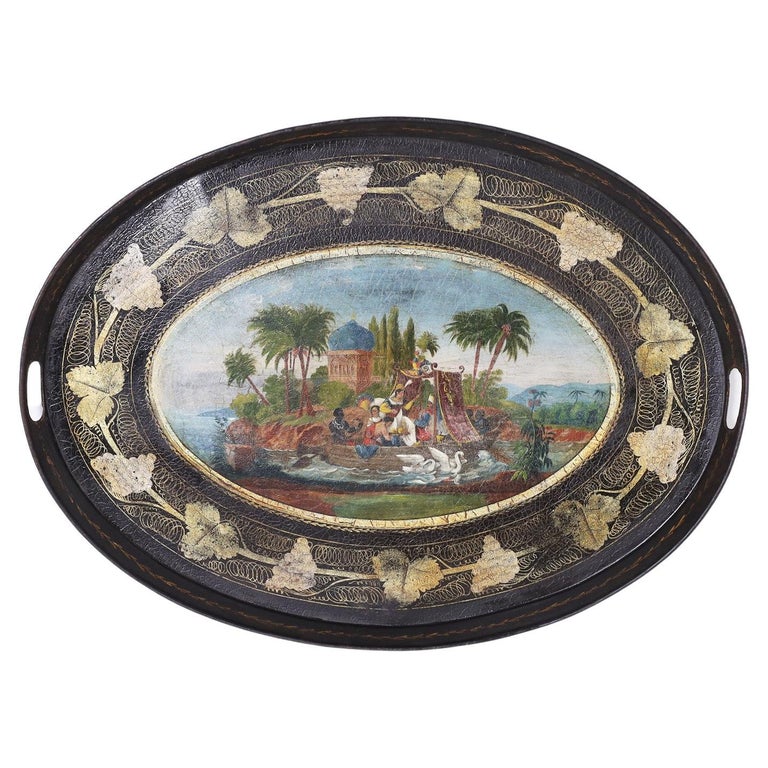 Antique English Tole Tray with Orientalist Painting For Sale at 1stDibs