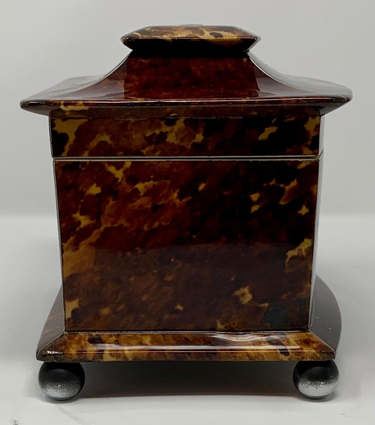 Antique English Tortoise Shell Tea Caddy with Inlaid Mother of Pearl ...