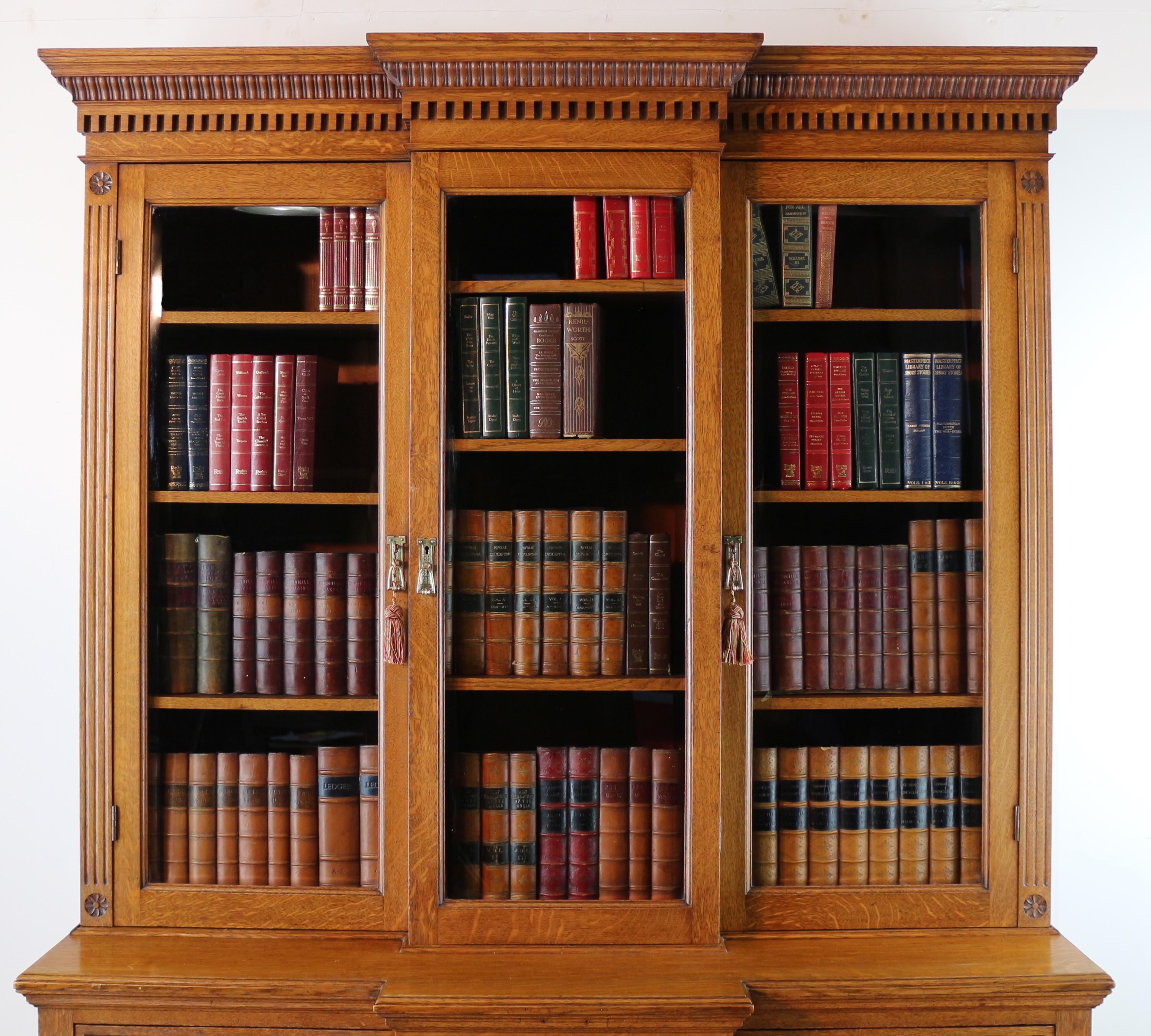 Antique English Victorian Art Nouveau Oak Breakfront Bookcase Display ...