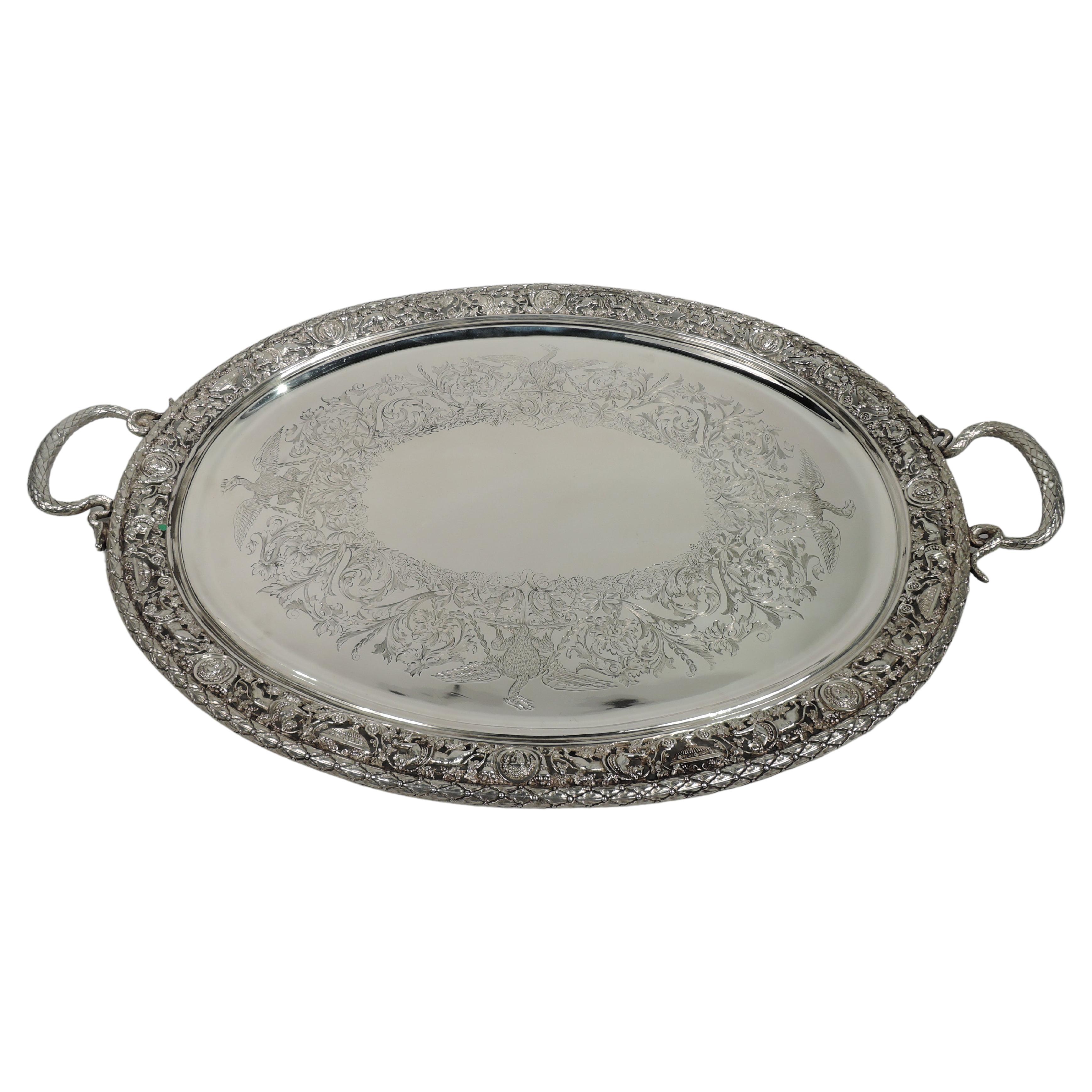 Antique English, Large Round Sterling Silver Tray For Sale at 1stDibs