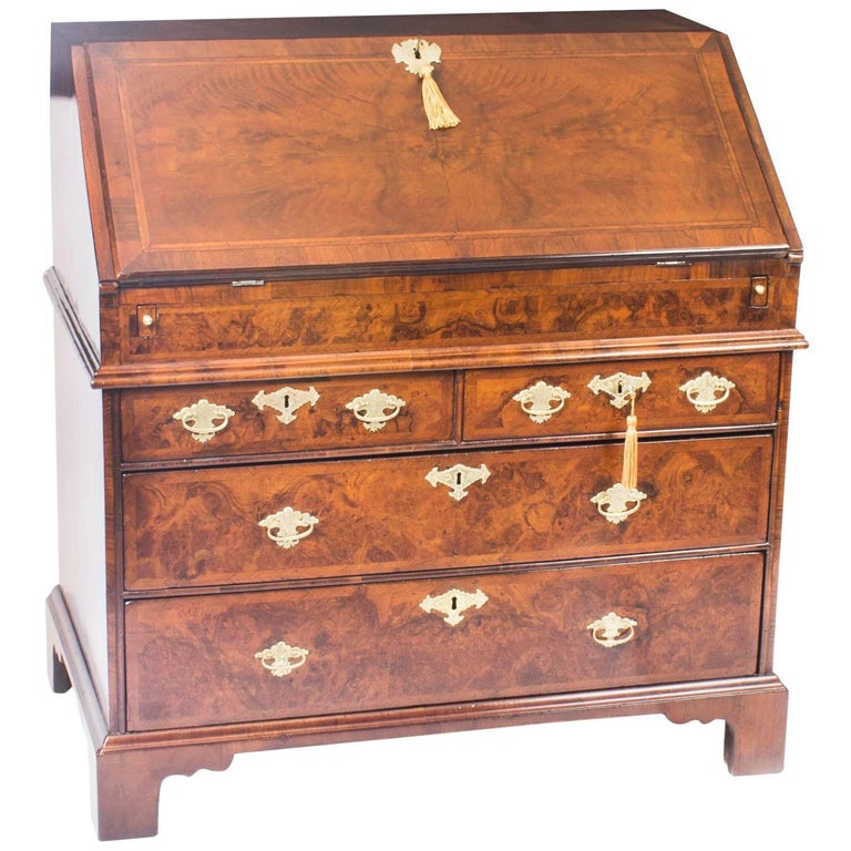 Antique English William and Mary Walnut and Feather Banded Bureau, 17th ...